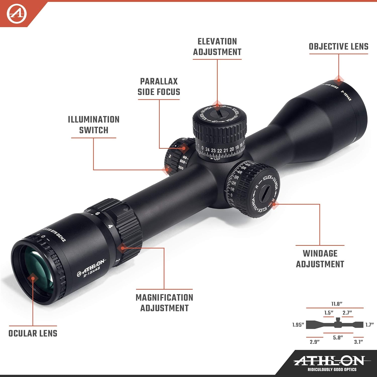 Athlon Optics Helos BTR Gen 2 Rifle Scope First Focal Plane 2-12x42mm ...